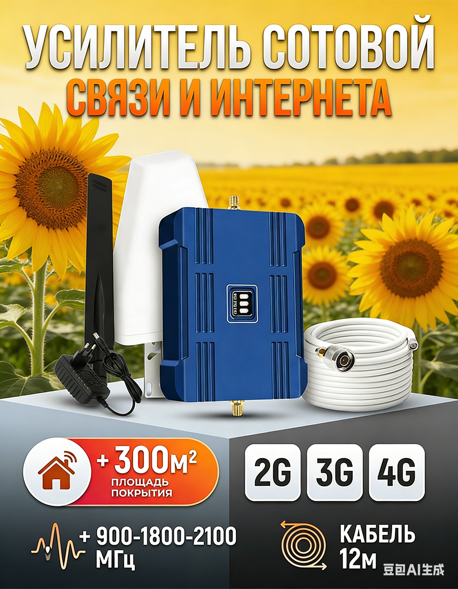 Усилитель сотовой связи 900/1800/2100 МГц (2G/3G/4G): до 70 км, направленный, синий, 1.3 кг