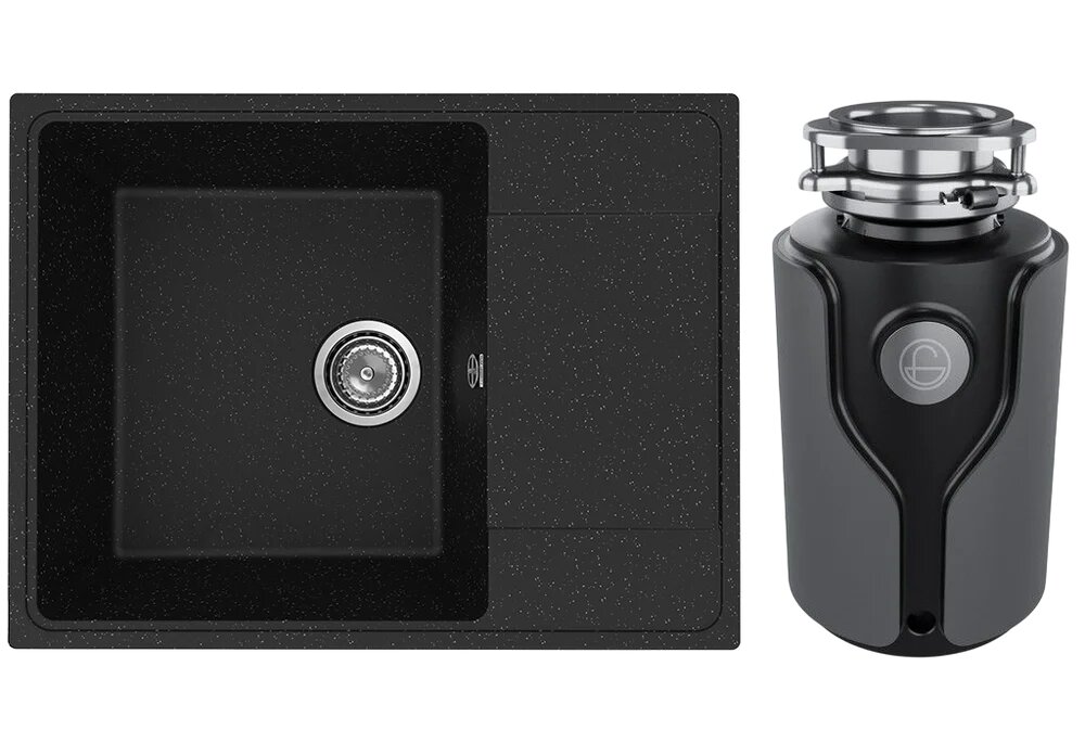 Комплект Мойка Practik PR-M 650-004 65x49, черный оникс, искусственный мрамор / Измельчитель KUCHENSTERN Muhle 353MU35 механический, нержавеющая сталь