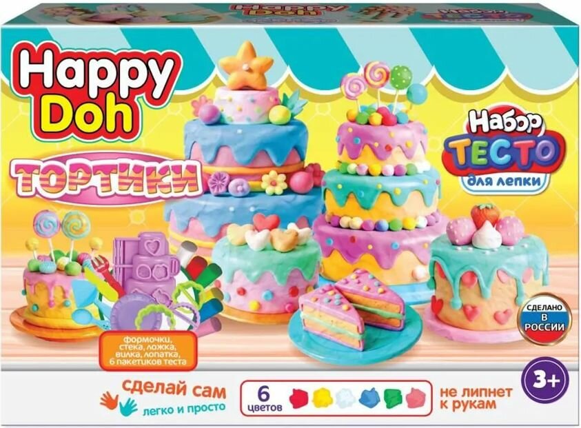 Тесто для лепки цветное "Тортик", игровой набор для детского творчества и развития мелкой моторики, 6 цветов + формочки и аксессуары