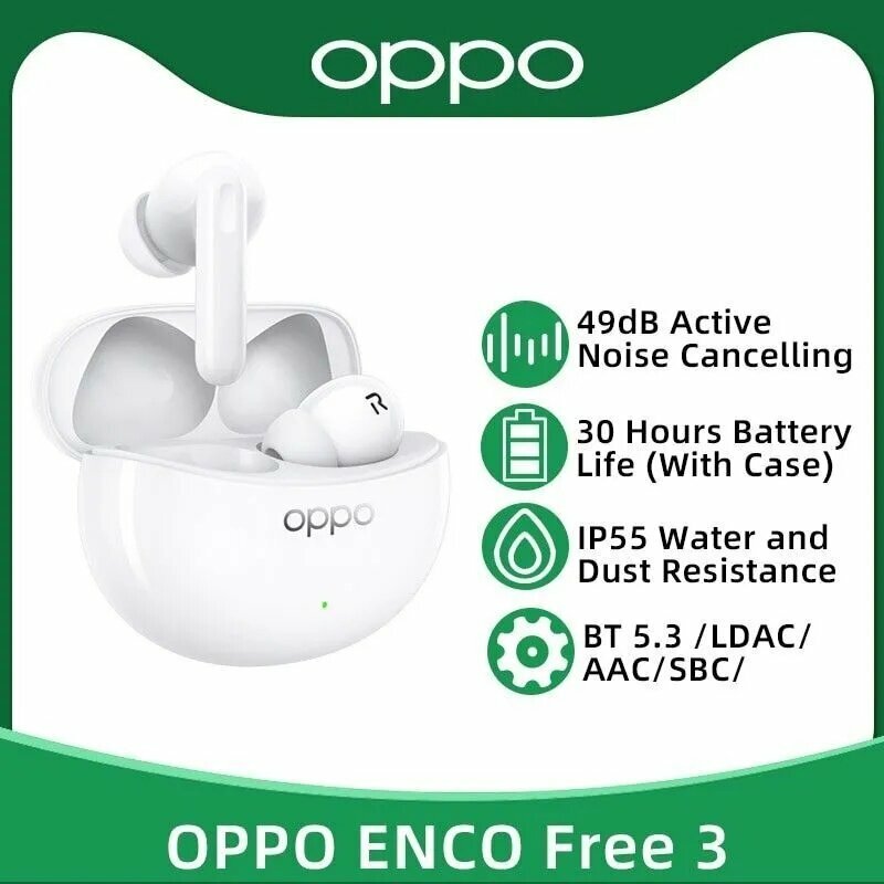 OPPO Enco Free 3 Настоящие беспроводные наушники-вкладыши HiFi с активным шумоподавлением 49 дБ Белый