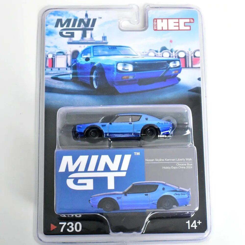 Машинка TSM Mini GT 1/64 #730 Nissan Skyline Kenmeri Liberty Walk Chrome Blue Hobby Expo China 2024 R34 S15 Z Die-cast Alloy Car Model Collection Gift