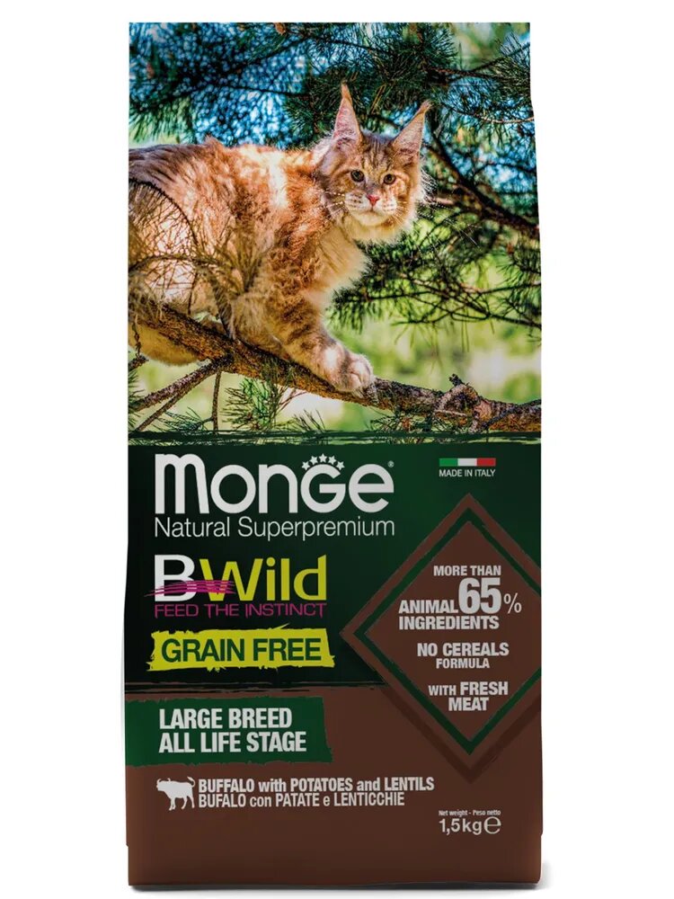 Сухой корм для котят и кошек крупных пород Monge Cat BWild GRAIN FREE беззерновой из мяса буйвола, 1,5 кг