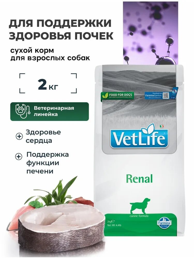 Farmina Vet Life Renal, сухой диетический корм для собак для поддержания функции почек и при почечной недостаточности, 2 кг
