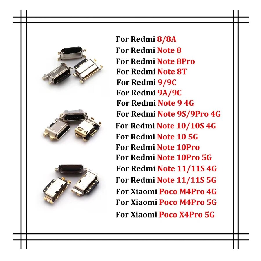 10 шт. USB-разъемы для зарядки (гнезда) для Xiaomi Redmi 8, 8A, 9, 9A, 9C, Note 8, 8T, 9, 10, 11S, Pro, Poco M4, X4 Pro — фото 1