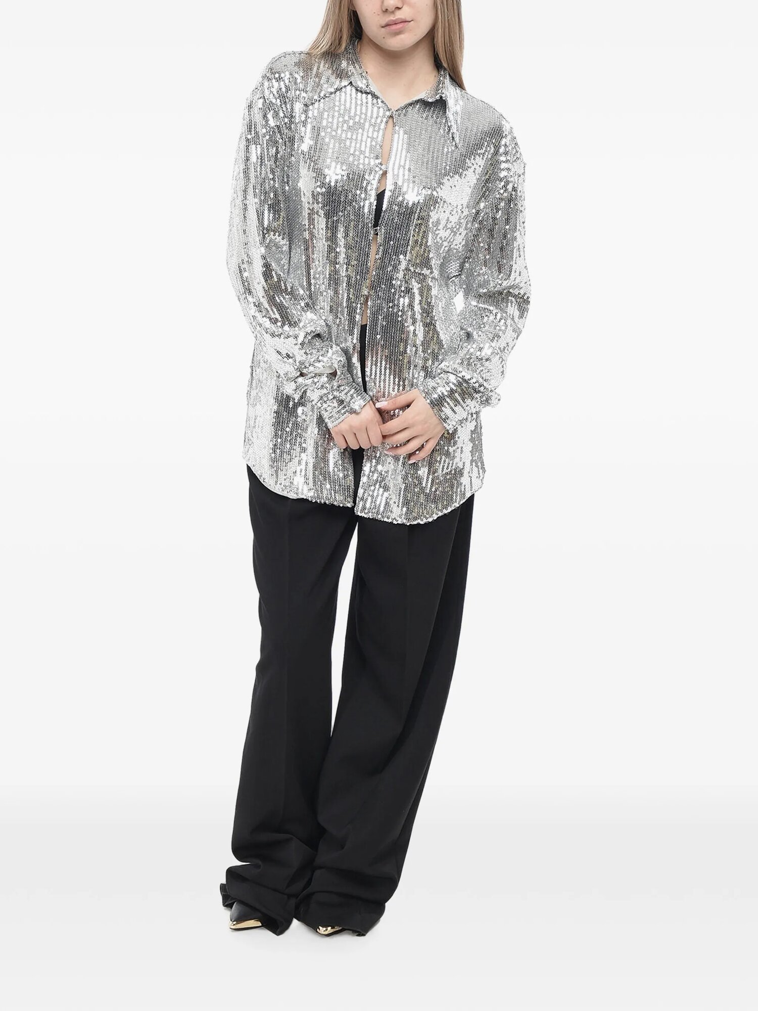 Рубашка GIUSEPPE DI MORABITO Sequin-embellished shirt, размер 40-42, серебристый/красный — фото 1