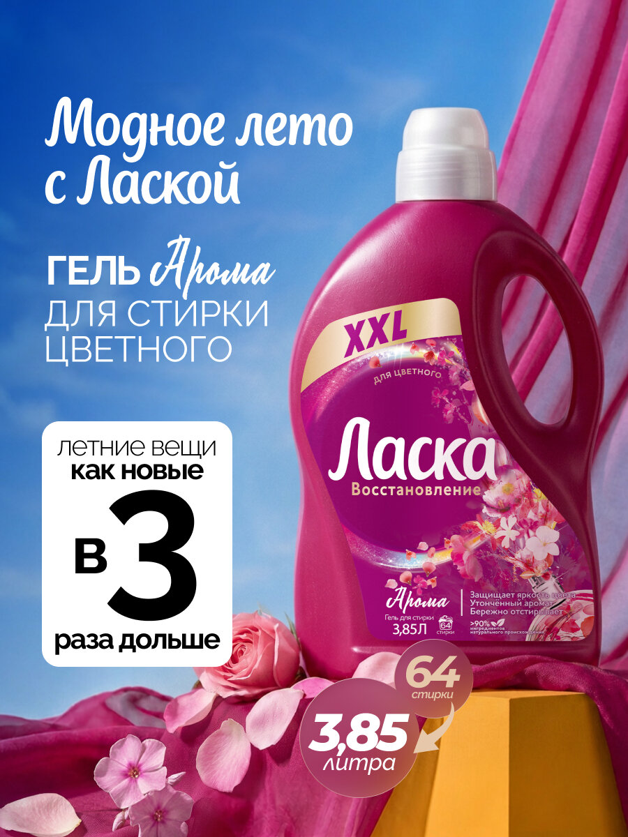 Гель для стирки Ласка Восстановление Арома для цветного, 3,85л (64 стирки), жидкое средство для стирки автомат