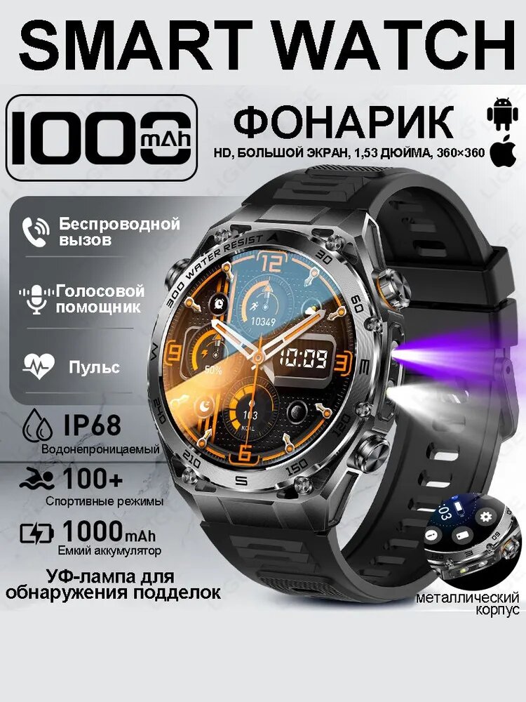 LIGE Смарт-часы 1.53“, количество шагов, дистанция, количество калорий, емкость аккумулятора 1000 мАч, IP68, 47 мм, 47mm, Черный, серый