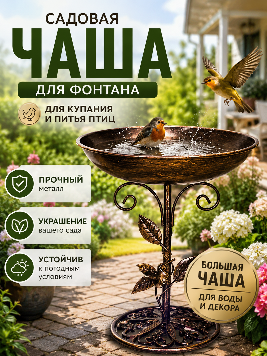 Садовая чаша для фонтана и купания птиц, большая, на декоративной подставке, бронзовая