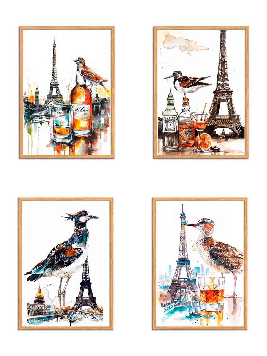 Чибис птица Пьет Виски, 4 Плаката, 30x21см