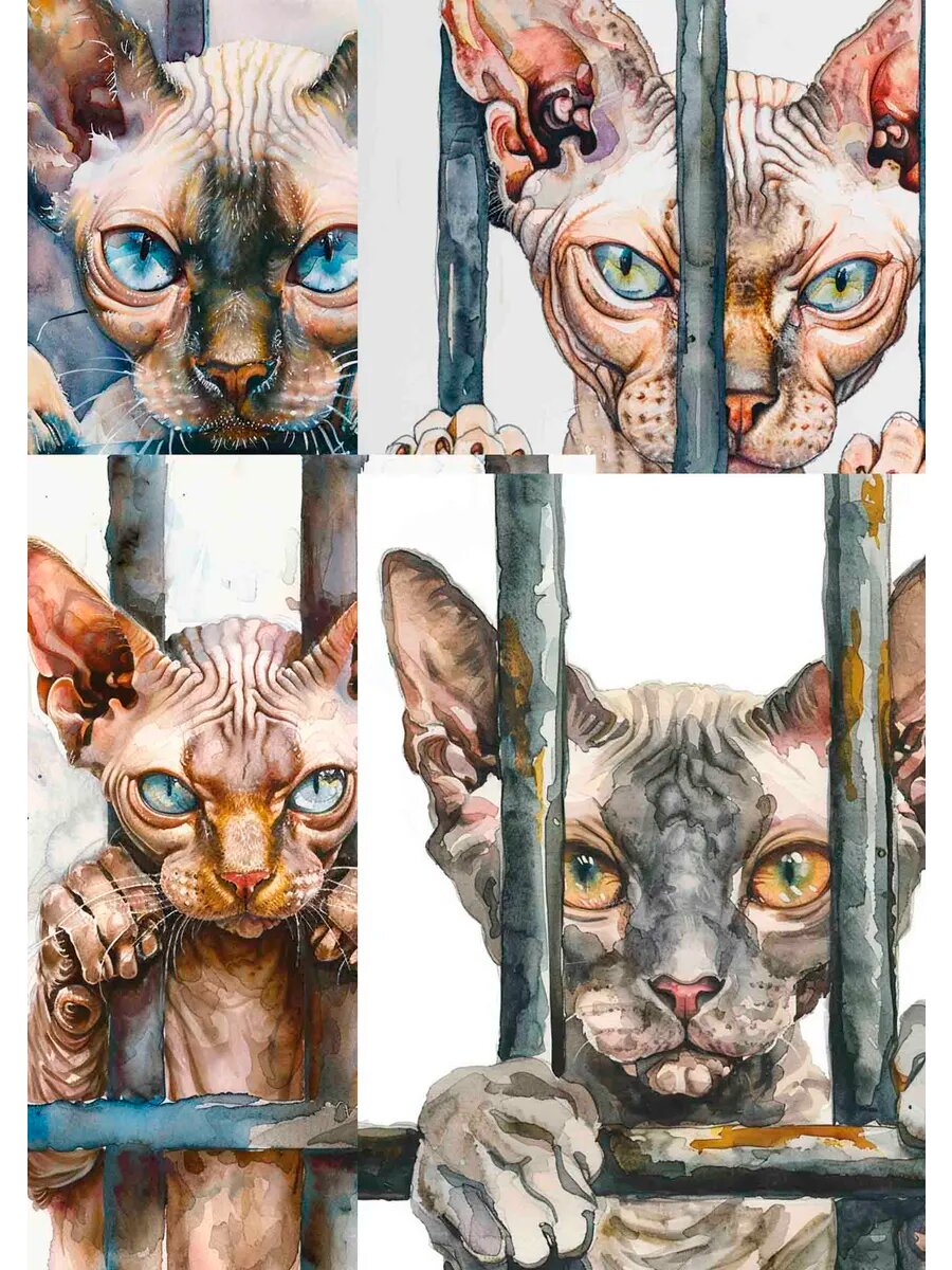 Кот Девон-рекс-преступник в тюрьме, 4 Плаката, 30x21см