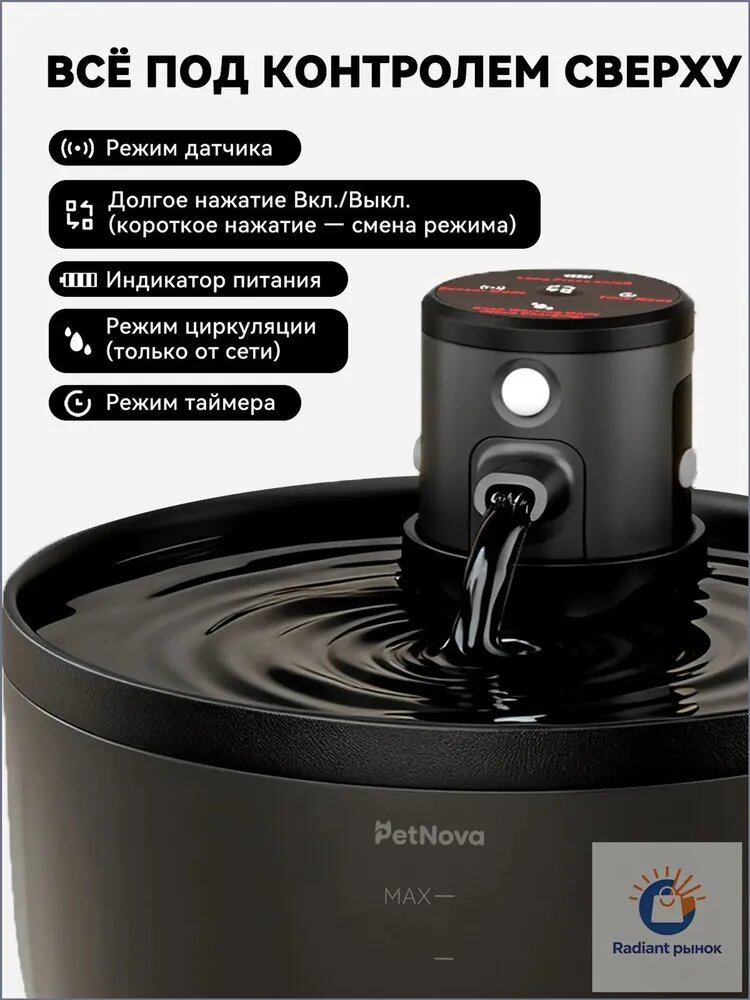 Автоматический беспроводной фонтан PetNova PuraGo Neo с датчиком движения, тихий, на 2.5 л, эксклюзивно предназначен для кошек и собак.