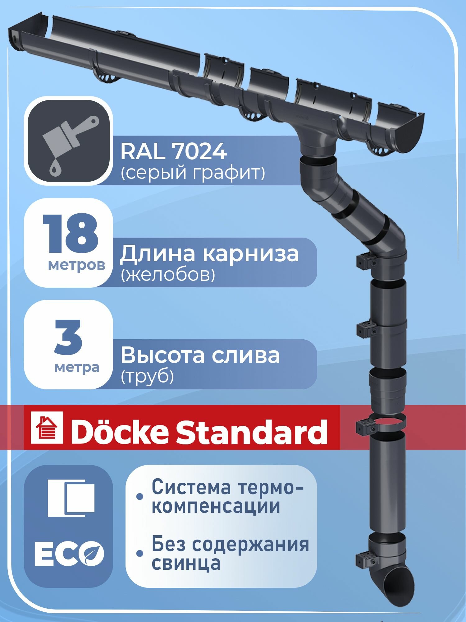 Водосток Деке Стандарт RAL 7024 (длина 18 м / 1 слив) кровельная водосточная система Docke Standard 120 / 80 мм (серый )