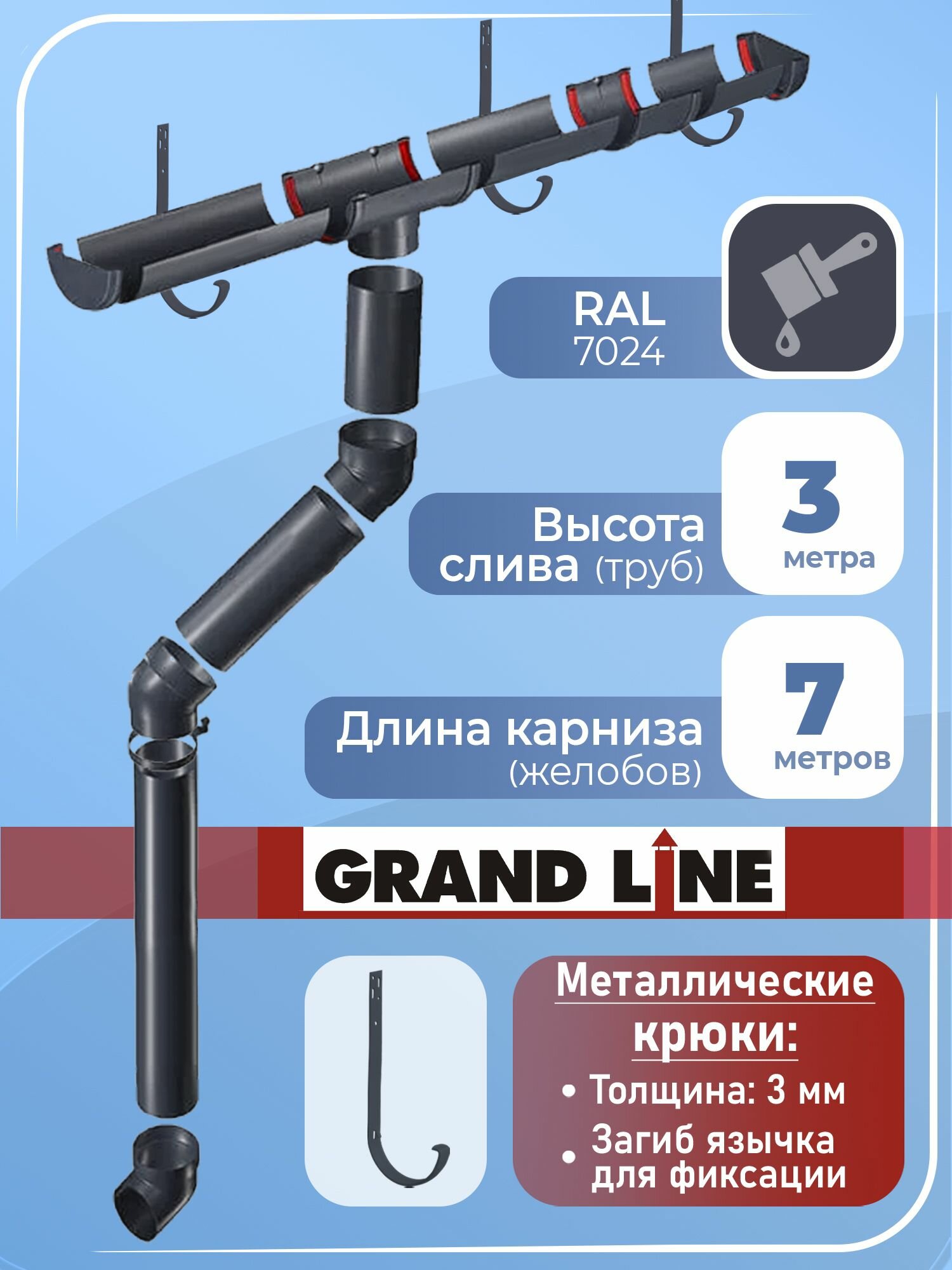 Водосточная система Grand Line 7 м ( 1,5 м+1 м ) металлические кронштейны графит RAL 7024 , водосток для крыши пластиковый Гранд Лайн ( 120 мм / 90 мм ) комплект элементов ПВХ