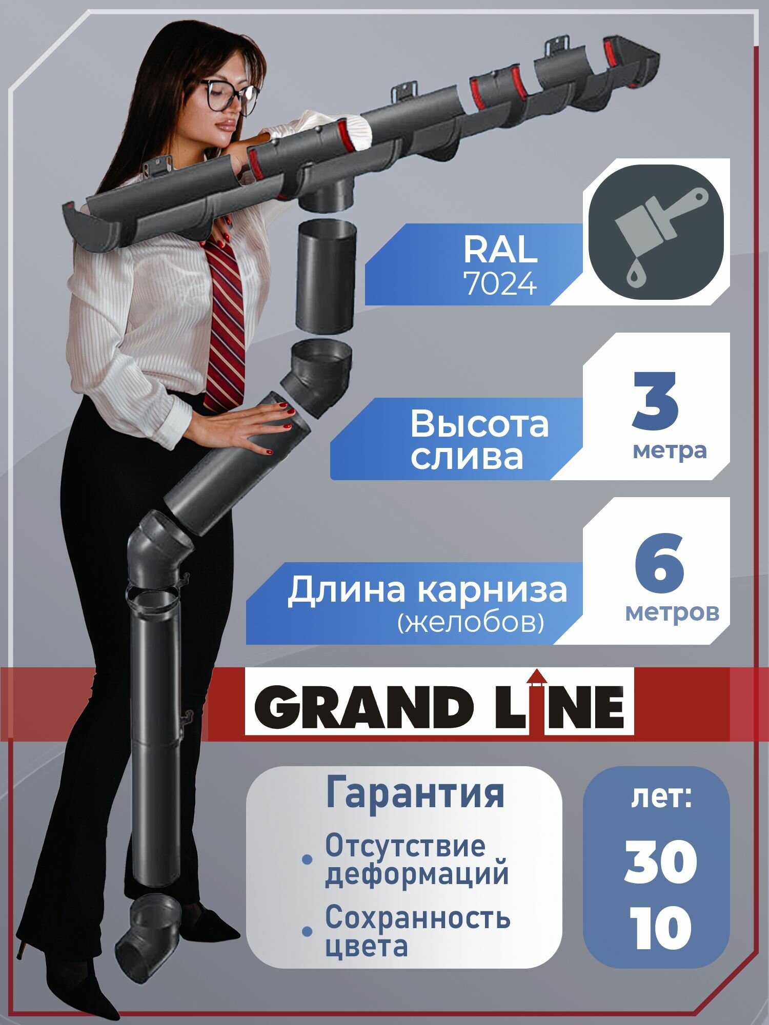 Grand Line Водосточная система ( длина 6 м по 1 м / высота 3 м ) графит RAL 7024 , водосток для крыши пластиковый Гранд Лайн ( 120 мм/ 90 мм ) комплект элементов ПВХ серый 1 слив