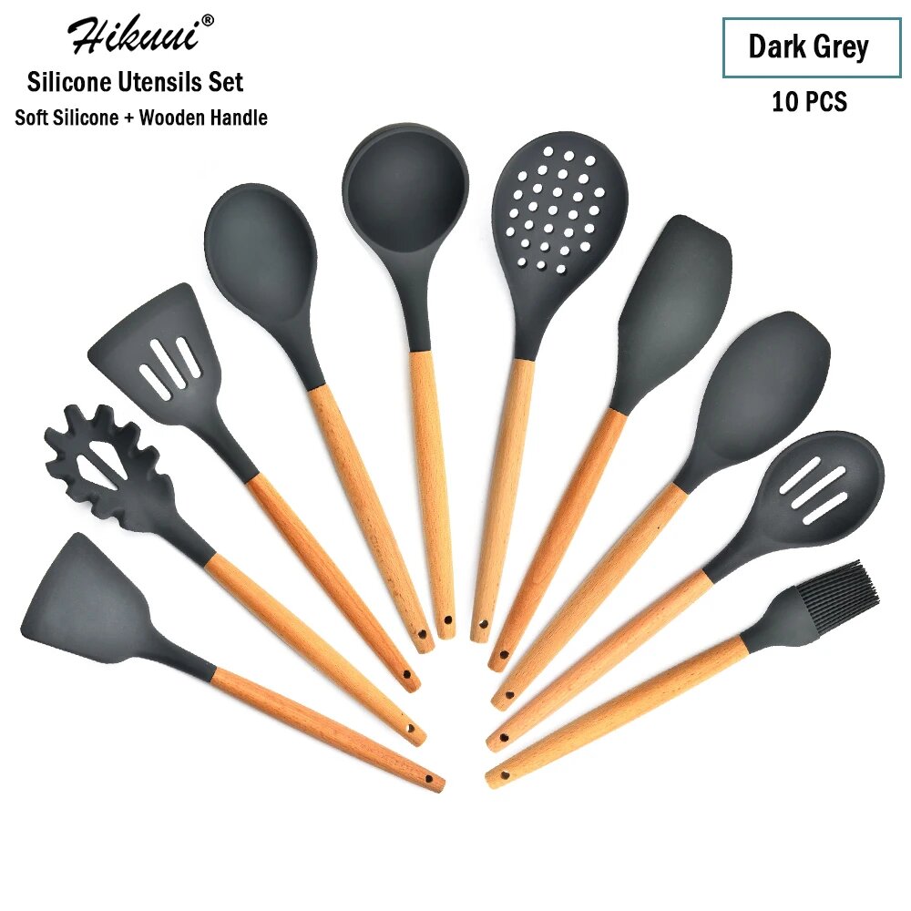 Набор кухонных инструментов HIKUUI из силикона и дерева Серый, Dark Grey -10pcs