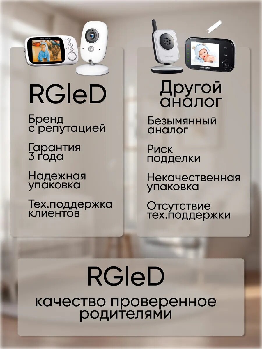 Видеоняня RGleD, беспроводная, с монитором, датчик движения и температуры, дальность 260м — фото 1