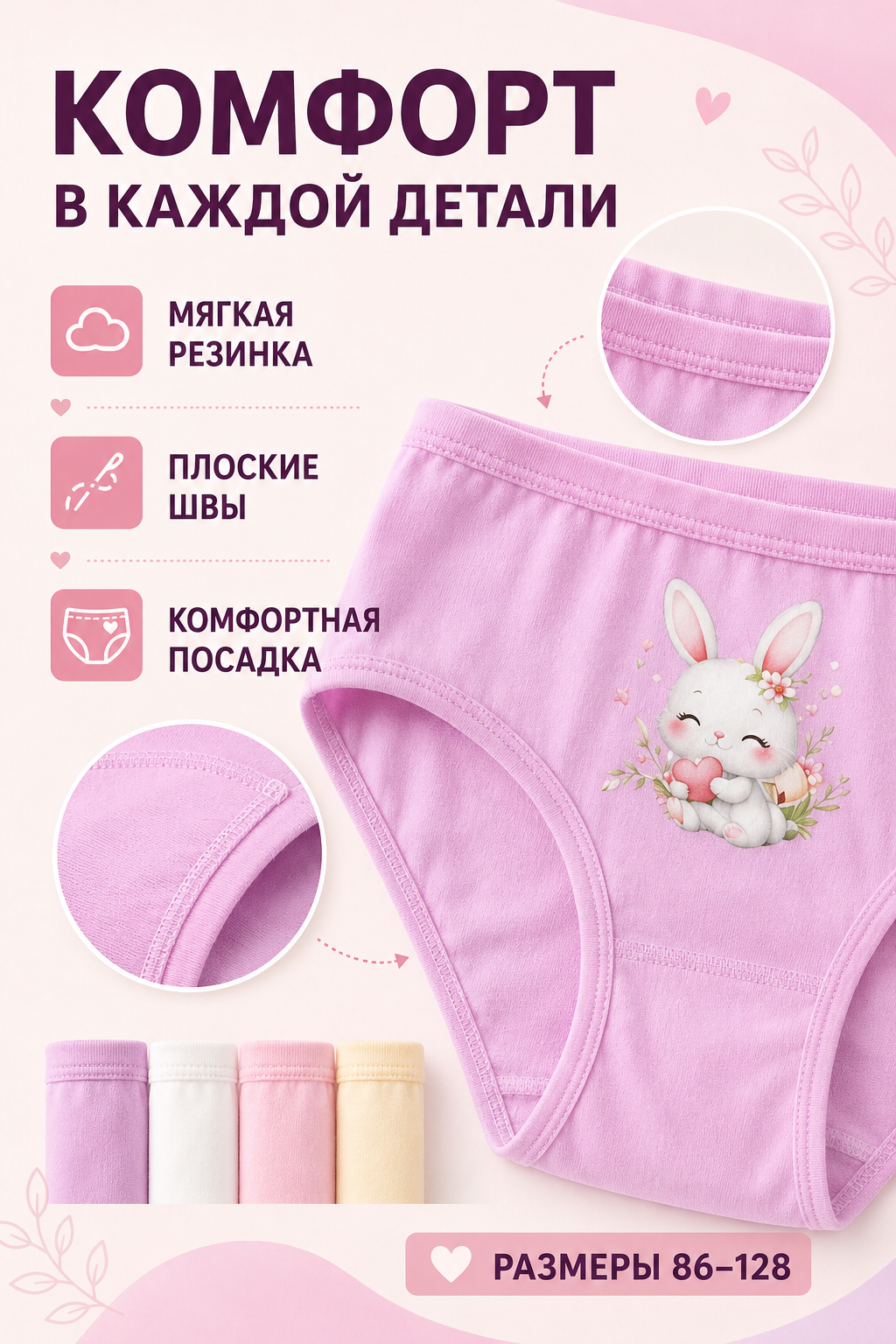 Трусы  Трусы слипы для девочек, 4 шт., размер S, 1-2 года, розовый — фото 1