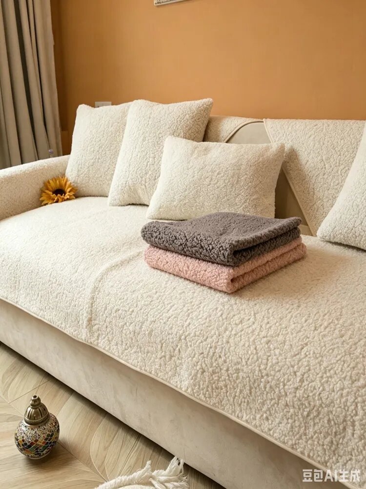 Чехол на мебель для дивана 210x90 см плюшевый слоновая кость