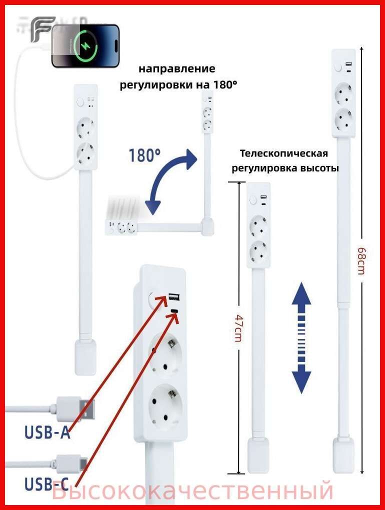 Эксклюзивный поворотный сетевой фильтр на 180 градусов с портами USBA и USBC, длина 47.67 см для установки за предметами мебели