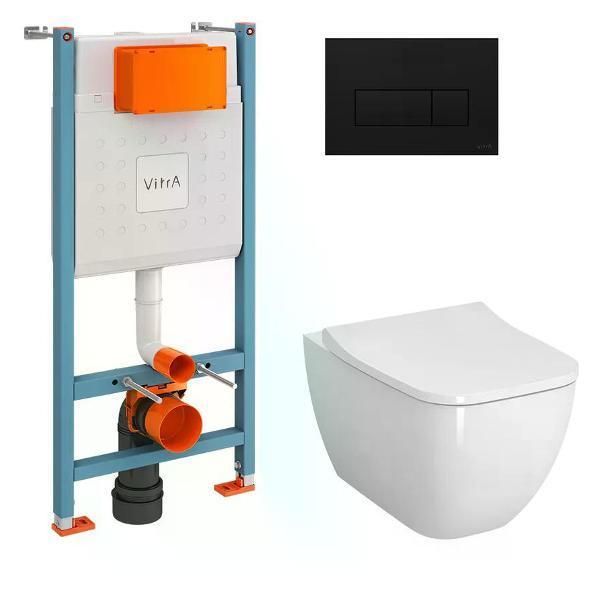 Инсталляция с унитазом VitrA Quatro 9855B003-7202 комплект 4 в 1 безободковый Rim-ex с антибактериальным покрытием Hygiene цвет клавиши матовый черный