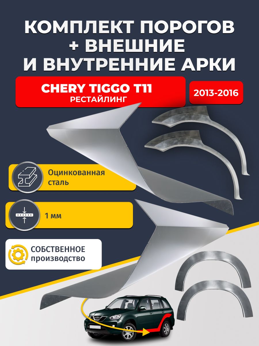 Комплект ремонтных задних внешних и внутренних арок (0,8 мм) + комплект стандартных ремонтных порогов , на Chery Tiggo T11 2013-2016 рестайлинг (Чери Тигго Т11) Оцинкованная сталь 1 мм