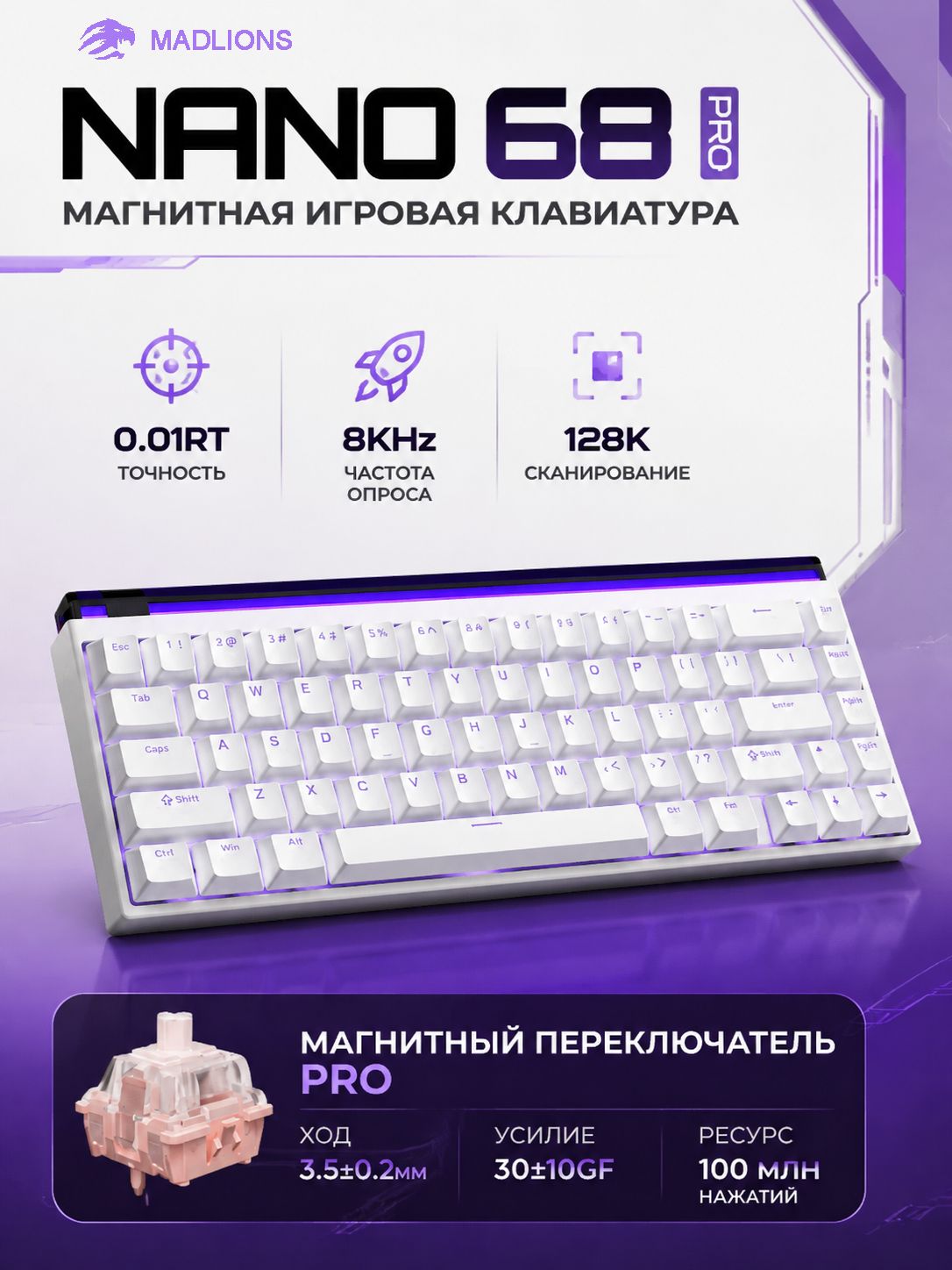 Клавиатура игровая MADLIONS NANO 68 Pro, 8K Гц, 0.1 мс, 0.01 мм, магнитные переключатели, 68 клавиш
