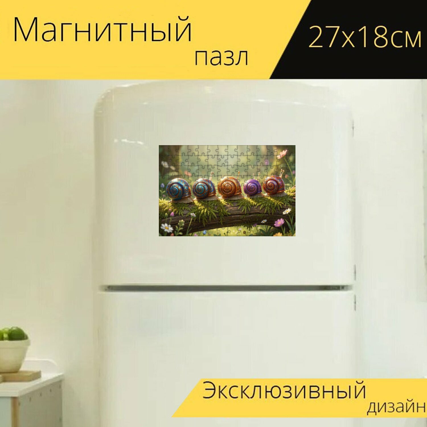 Магнитный пазл "Яркие улитки на лесной ветке. Сказочная сцена с разноцветными улитками на мшистом бревне среди лесных цветов. Мягкий свет, тёплые." на холодильник 27 x 18 см.