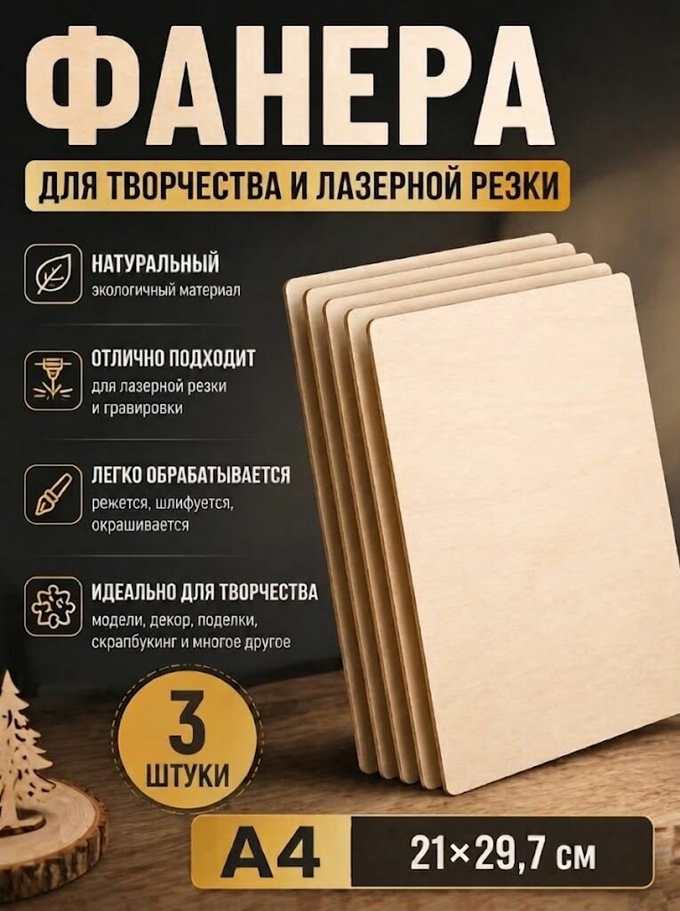 Фанера для творчества и лазерной резки шлифованная для выжигания и рисования А4 21*29.7 см 3 мм. 3 шт. доска для выпиливания / для выжигания по дереву / заготовка для труда