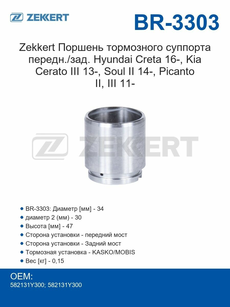 Zekkert Поршень тормозного суппорта передн./зад. Hyundai Creta 16-, Kia Cerato III 13-, Soul II 14-, Picanto II, III 11-