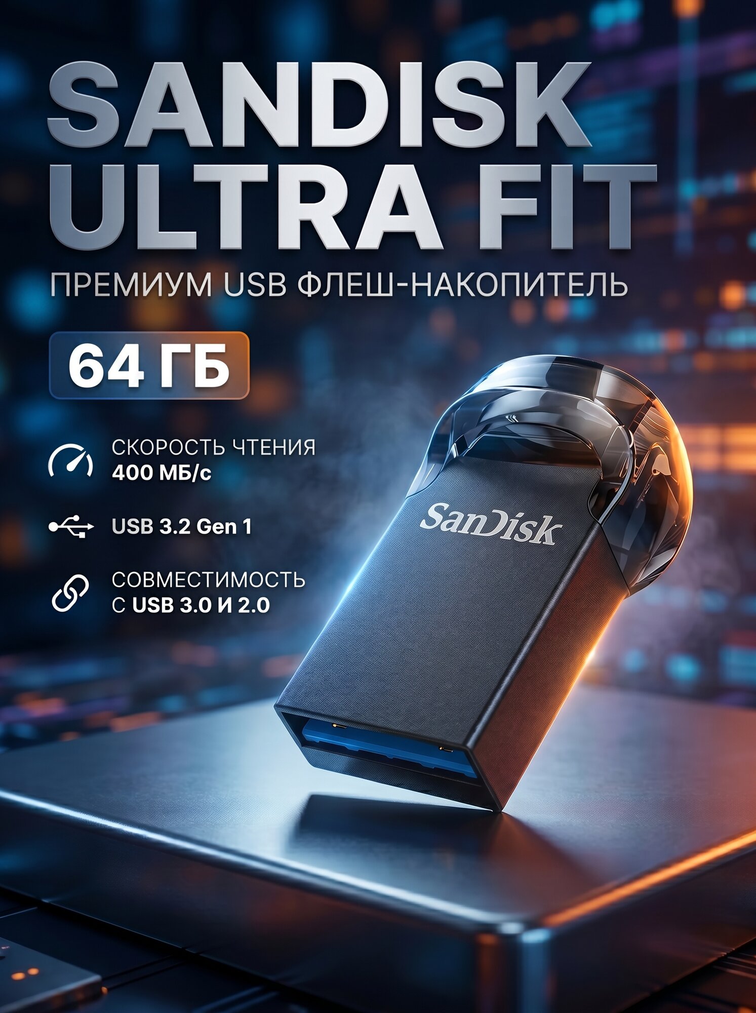 Флеш-накопитель SanDisk Ultra Fit USB 3.2, 64 ГБ, черный компактная