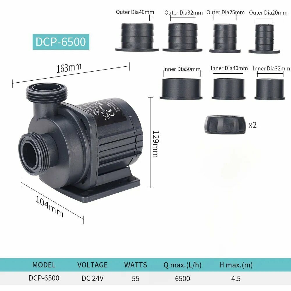 Насос для аквариума DCP-6500 6500 л/ч, 55 Вт, DC 24В, синусоидальный, тихий, с режимом кормления, керамический вал, 1 шт