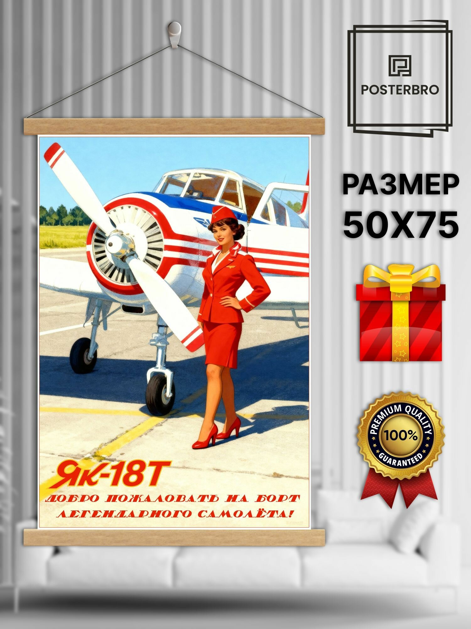 Постер на стену Posterbro в рамке 50х75 "Легендарный самолёт Як-18Т" интерьерный