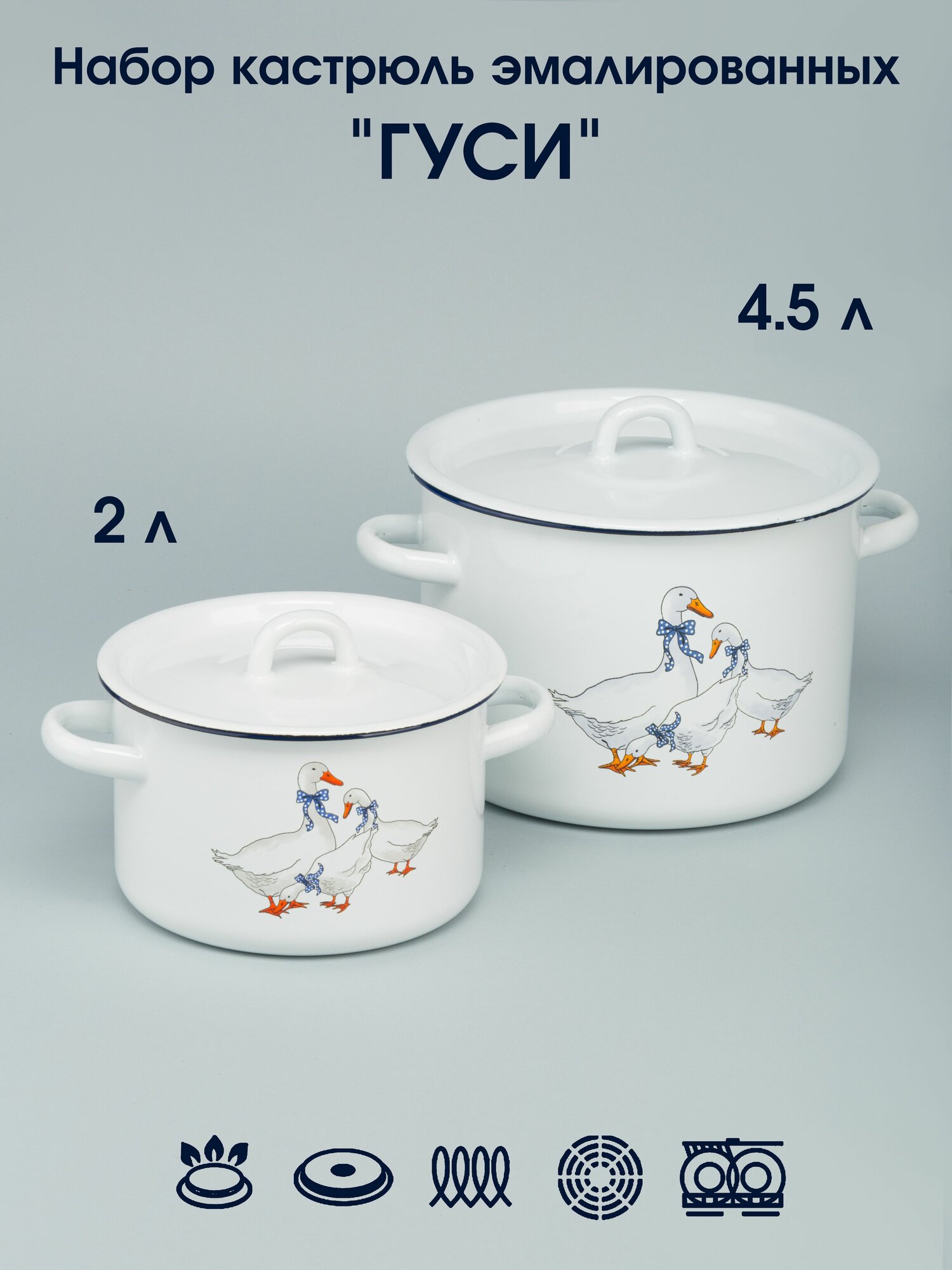 Кастрюля эмалированная 2 + 4.5 л Гуси