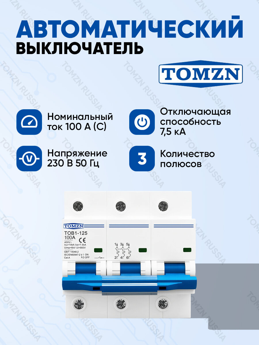 Автоматический выключатель TOMZN "Электрик", 3P, 100A, 6kA, тип C