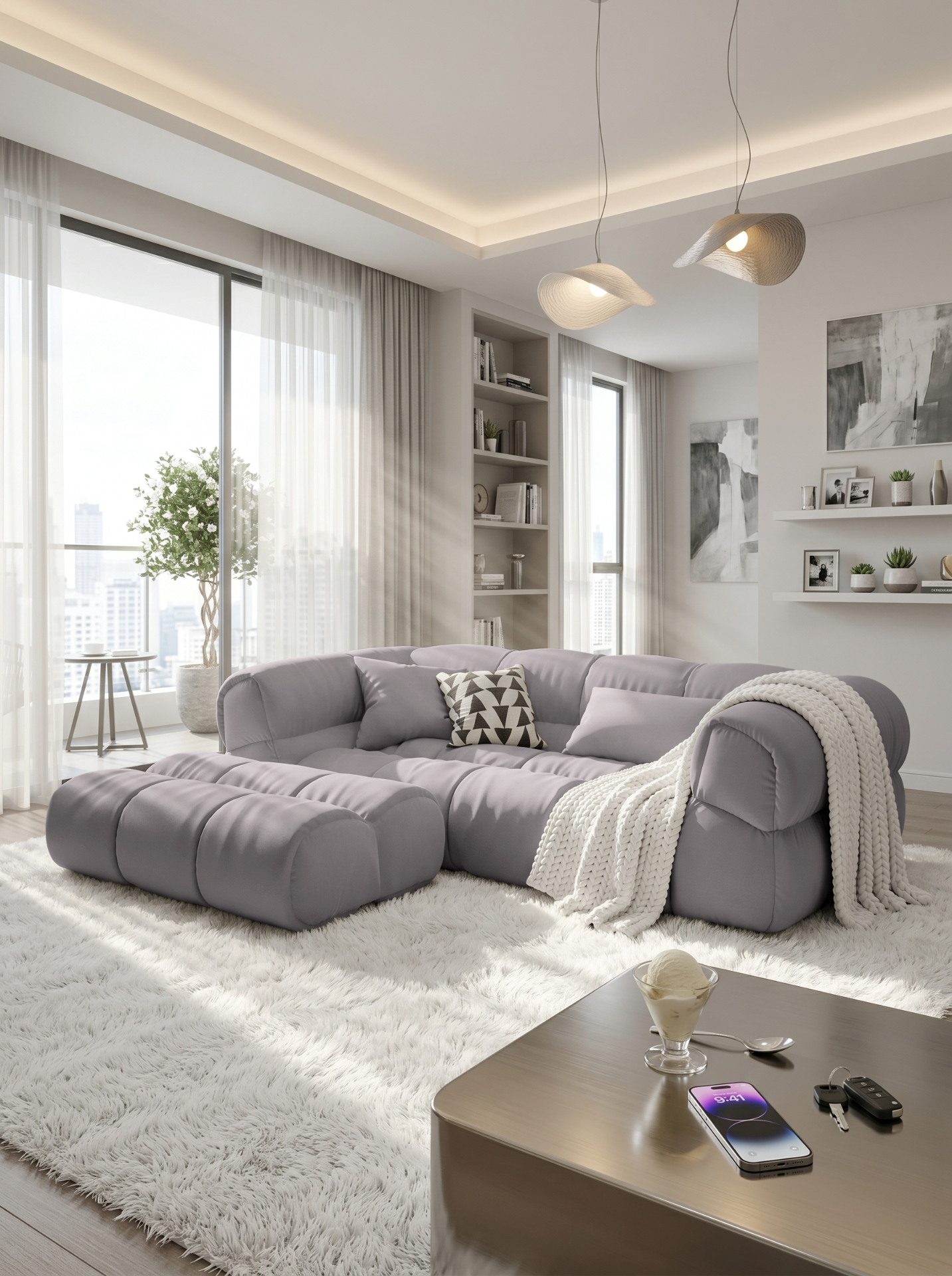 Угловой диван Шелби Velutto 19 NOW 239x174x72 см, серый Велютто, нераскладной Фиеста