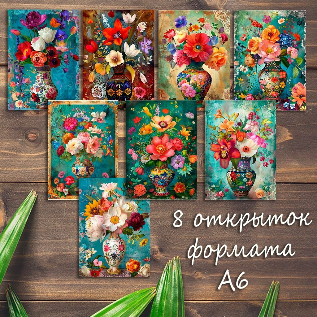 Большой набор открыток Яркие букеты, 8 штук