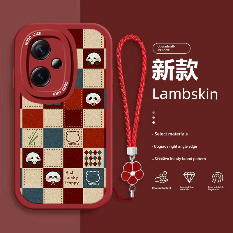 Чехол для Redmi Note 12 Pro Speed Edition Grid Panda в винно-красном с шнуром