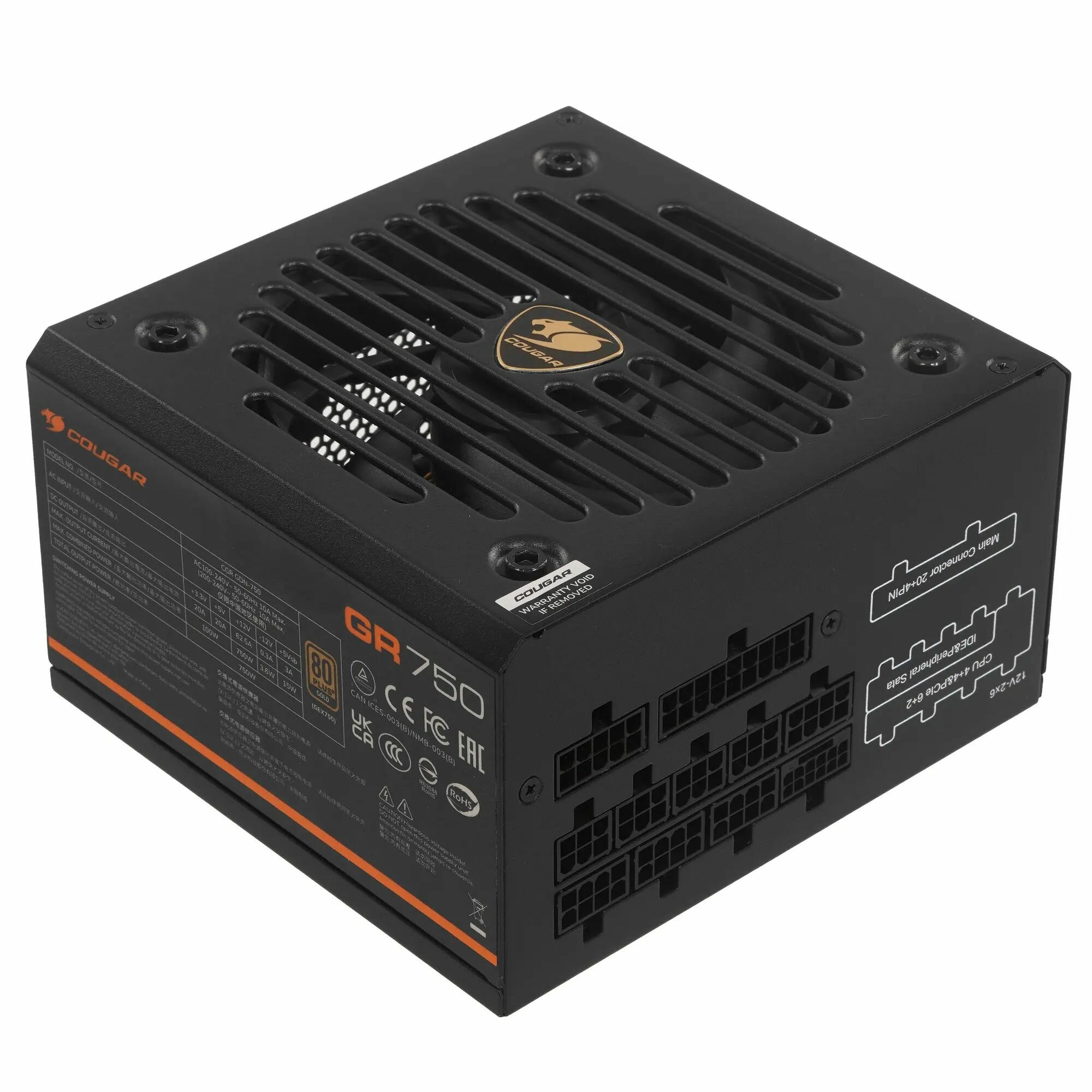 Блок питания Cougar GR 750 80 Plus Gold (31GR075.6433P) черный - ATX 20+4 пин, 4 pin + 4 pin x2 CPU, 6 SATA, 2 x 6+2 pin, 12V-2x6 PCI-E