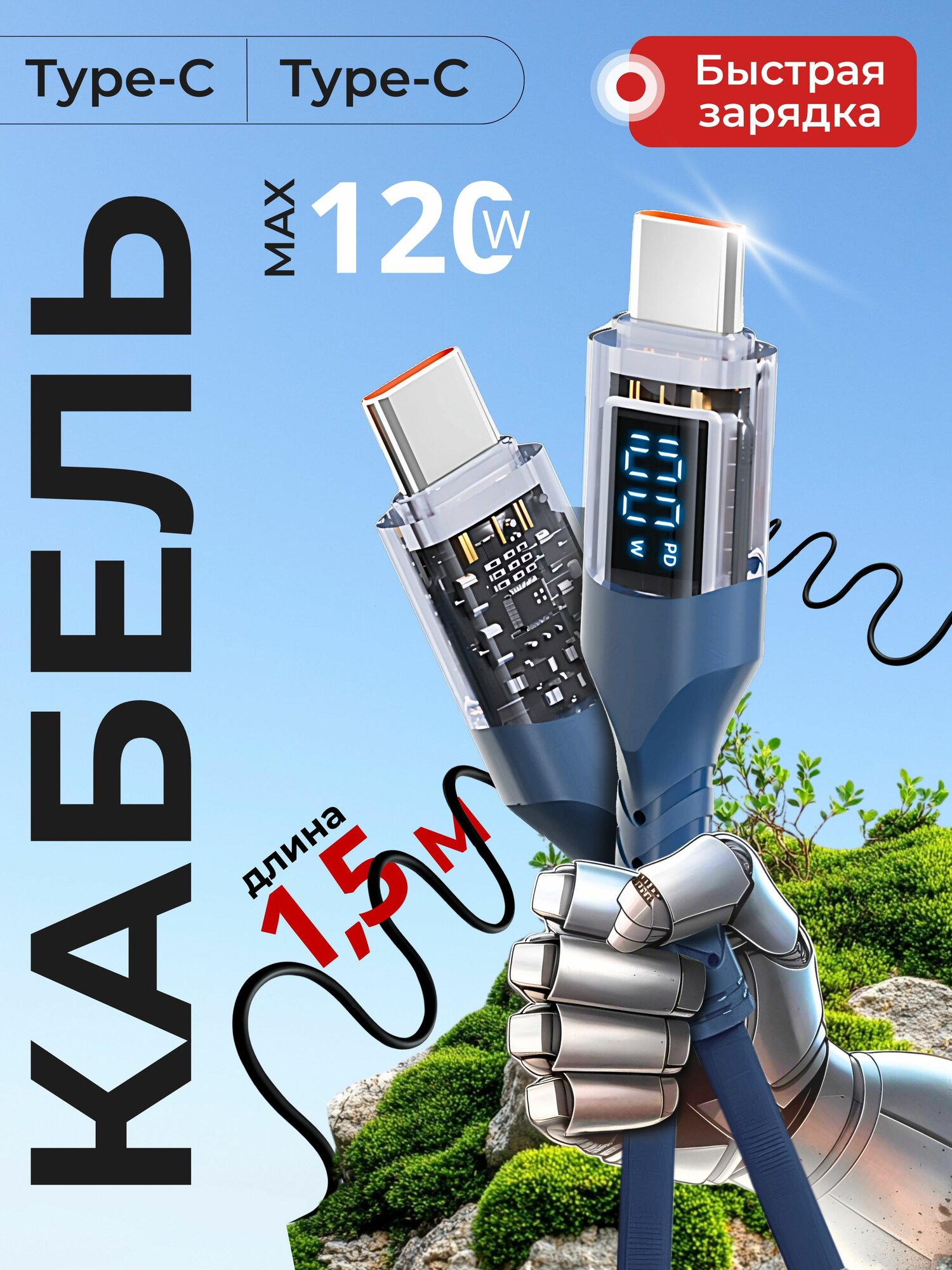 Кабель type-С type-С 1,5М LED индикатор мощности заряда синий