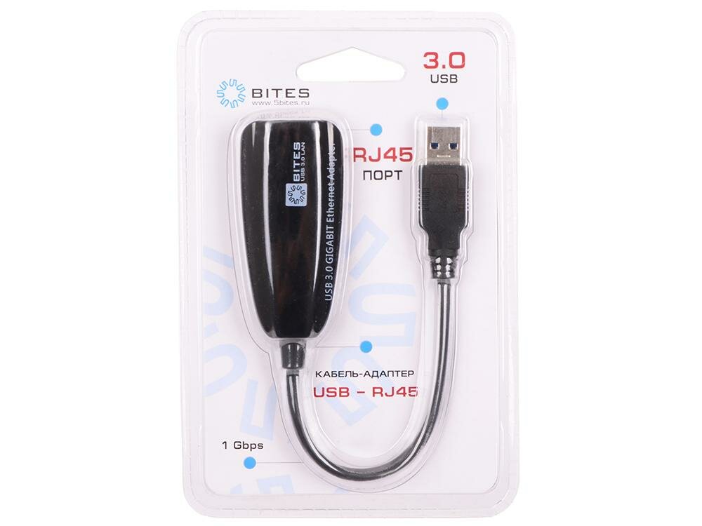 Кабель-адаптер 5bites UA3-45-01BK USB3.0 - RJ45 10/100/1000 Мбит/с, 10см, черный