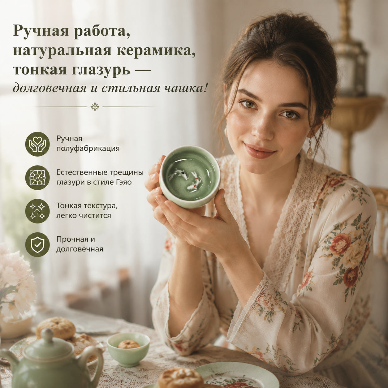 Чашка с изображением рыб, керамический материал, зеленая, 60 мл, изысканный узор