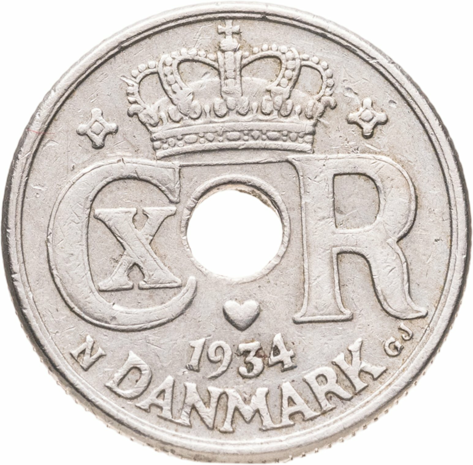 Дания 10 эре ore 1934, Мельхиор медь-никель, в сохранности VF