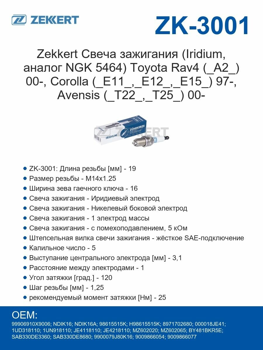 Zekkert Свеча зажигания (Iridium, аналог NGK 5464) Toyota Rav4 (_A2_) 00-, Corolla (_E11_,_E12_,_E15_) 97-, Avensis (_T22_,_T25_) 00-