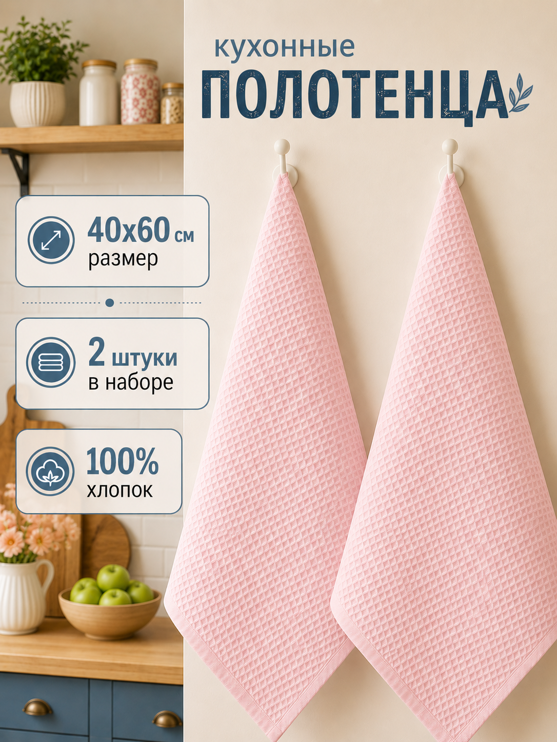 Вафельное полотенце с петелькой 2 шт 40х60 см хлопок 100% розовое