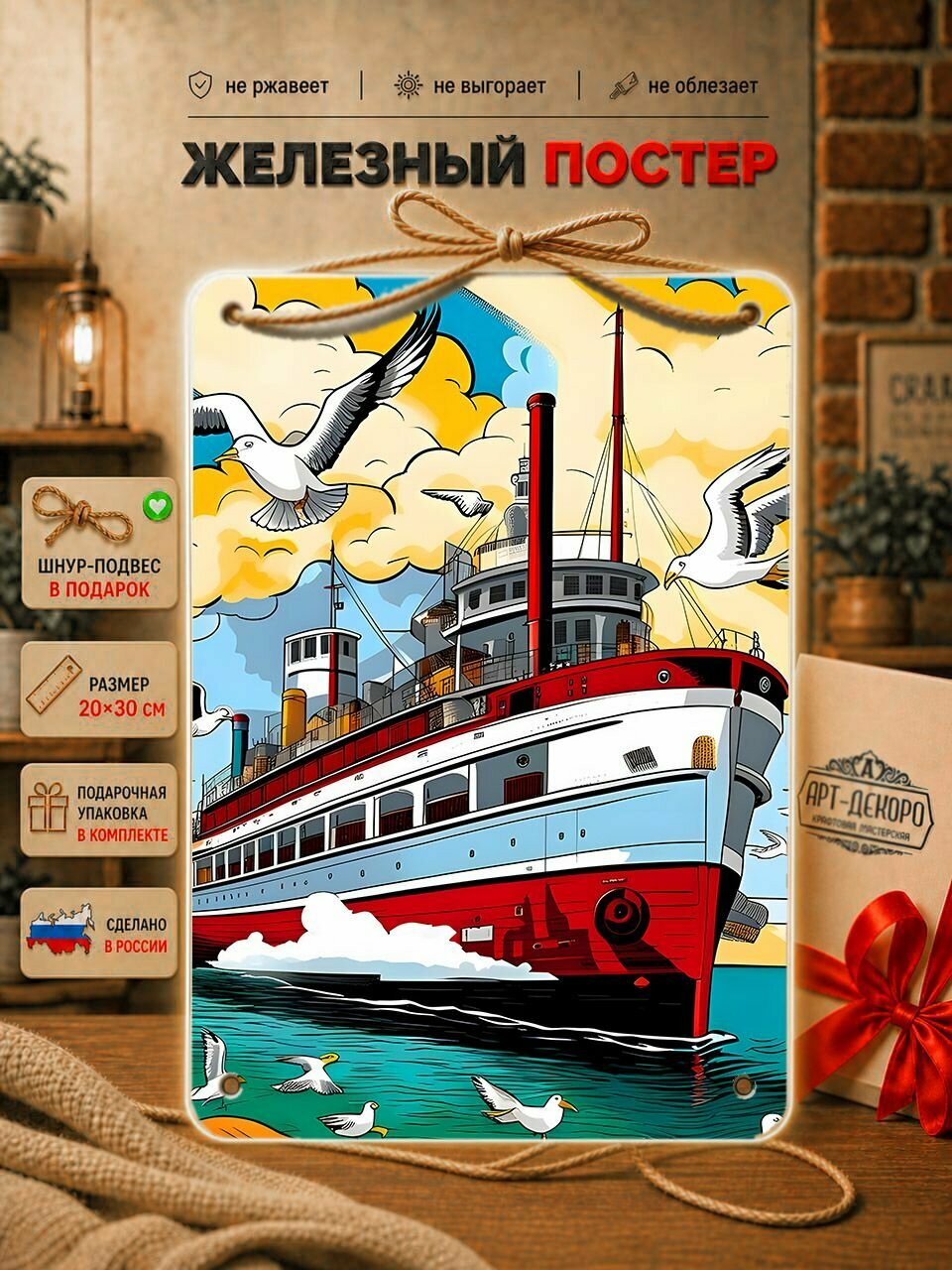 Железный постер 20 на 30 см. Корабль море, подарочная упаковка в комплекте