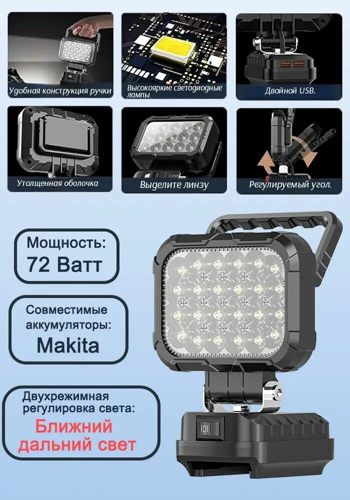 Прожектор для аккумуляторов Makita 18V с USB-портами (MCDEB-18V) - мощный светодиодный фонарь для работ и кемпинга (без АКБ/ЗУ)