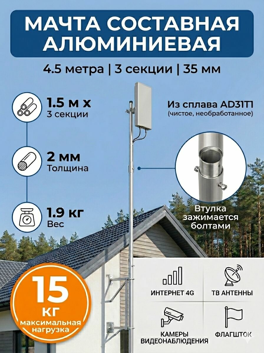 Мачта для антенны ПАЗ-4.5м-д35 составная (альтернатива телескопической), алюминиевая