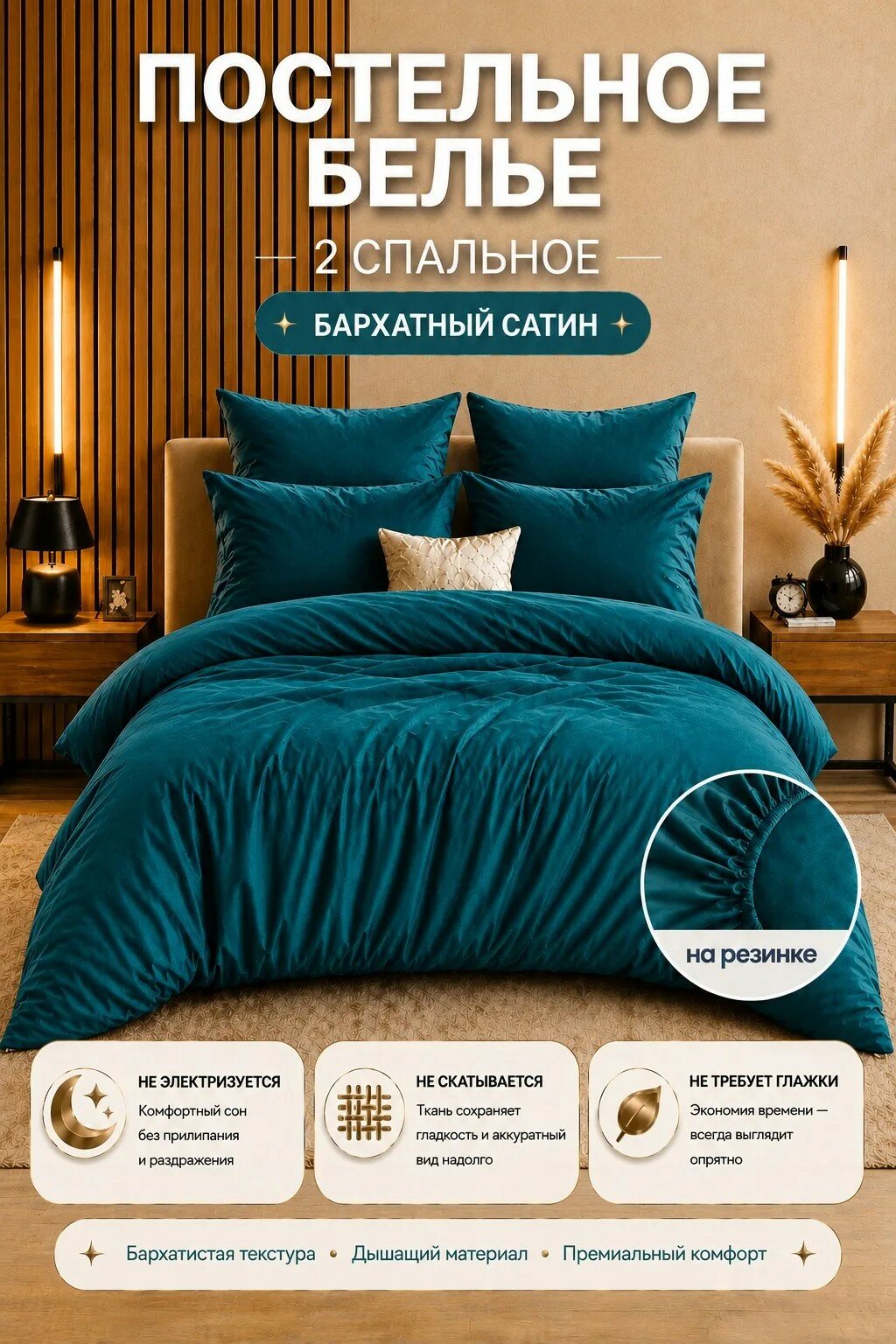 Постельное белье Candies Бархатный Сатин, 2 спальный комплект, с простыней на резинке 160*200, 100% хлопок
