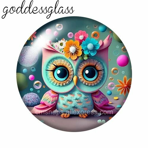 Круглые стеклянные кабошоны Goddessglass с рисунком совы, цветов и сердец ZB2000-01, 16mm