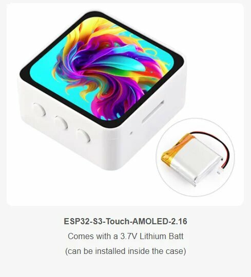 Waveshare ESP32-S3 плата с AMOLED экраном 2.16 дюйма With Lithium Batt